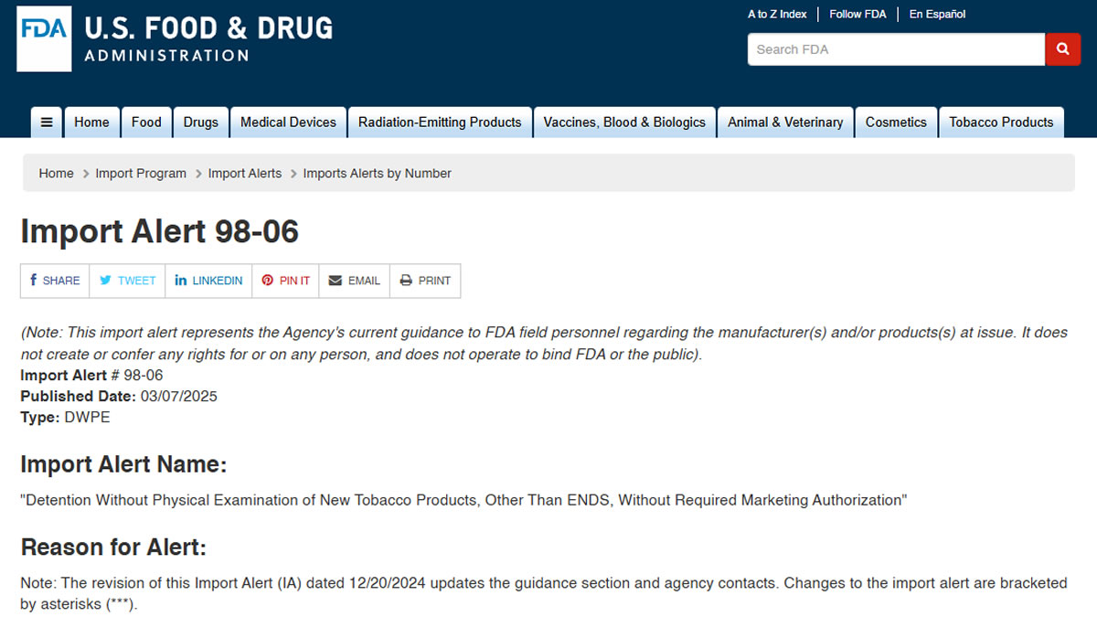 FDA Updates Nicotine Pouches Import Alert 98-06 for 2025 - Ecigator